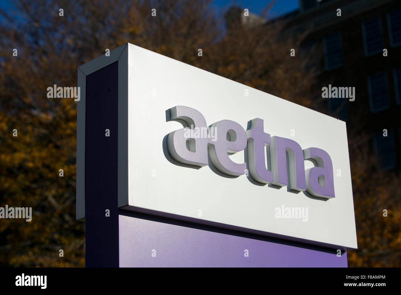 A logo sign outside of the headquarters of Aetna, Inc., in Hartford ...