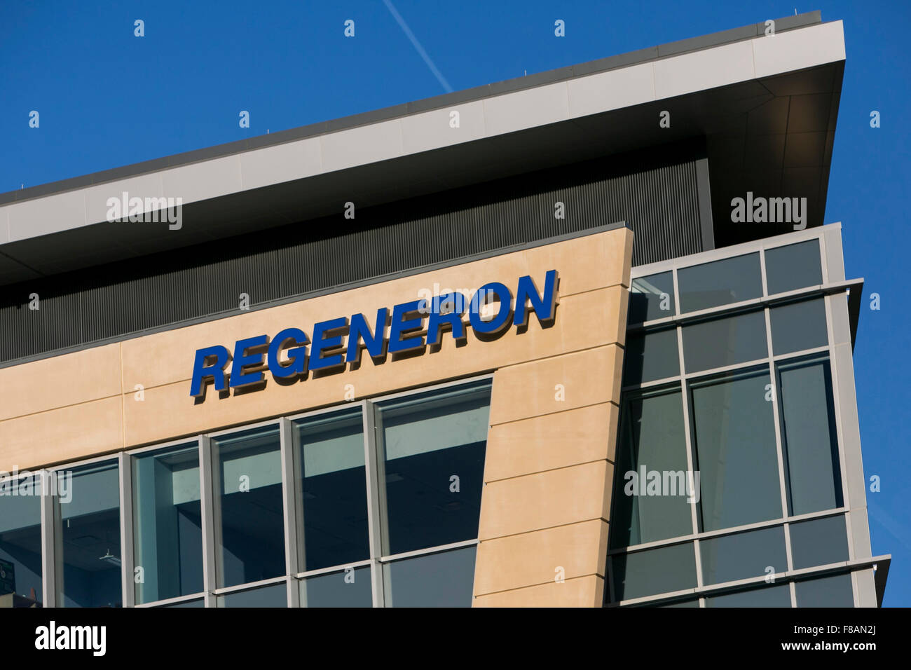A logo sign outside of the headquarters of Regeneron Pharmaceuticals ...