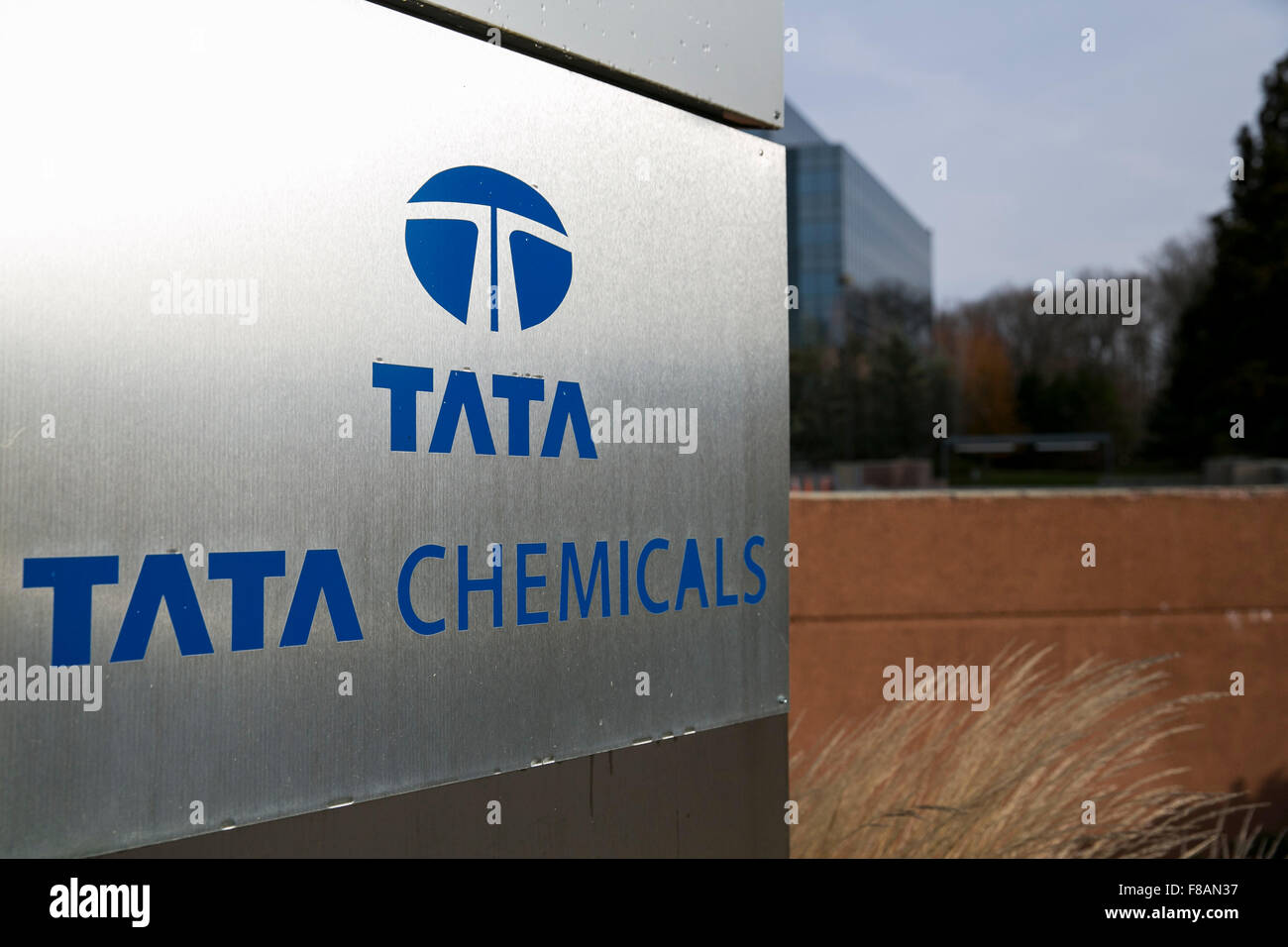 A logo sign outside of a facility occupied by Tata Chemicals in Dover, New Jersey on November 22 ...