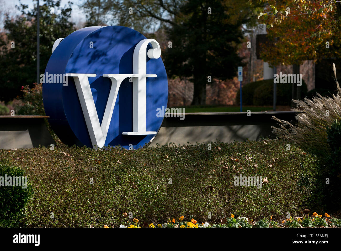A logo sign outside of the headquarters of the VF Corporation in ...