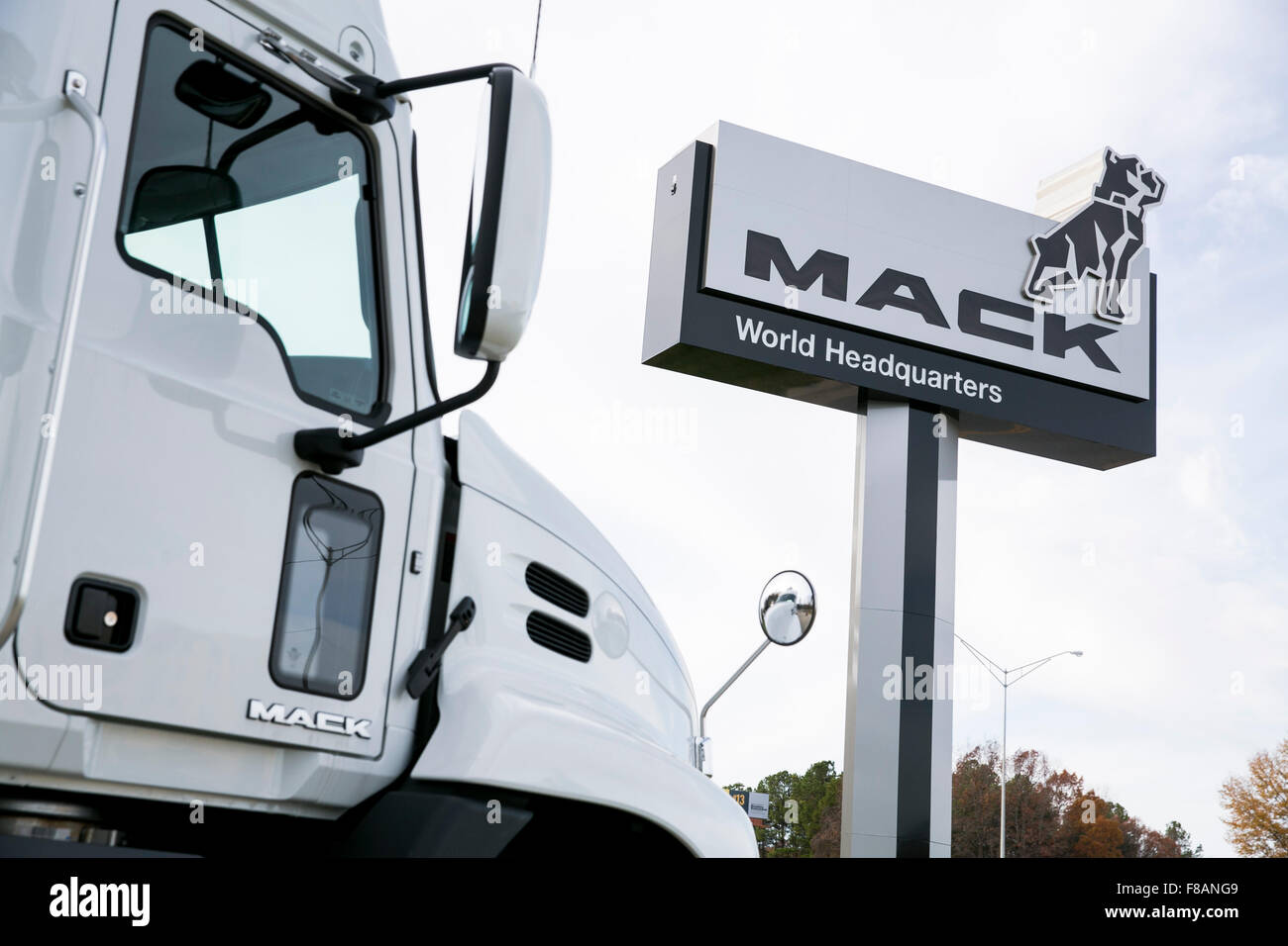A logo sign outside of the headquarters of Mack Trucks, Inc., in ...