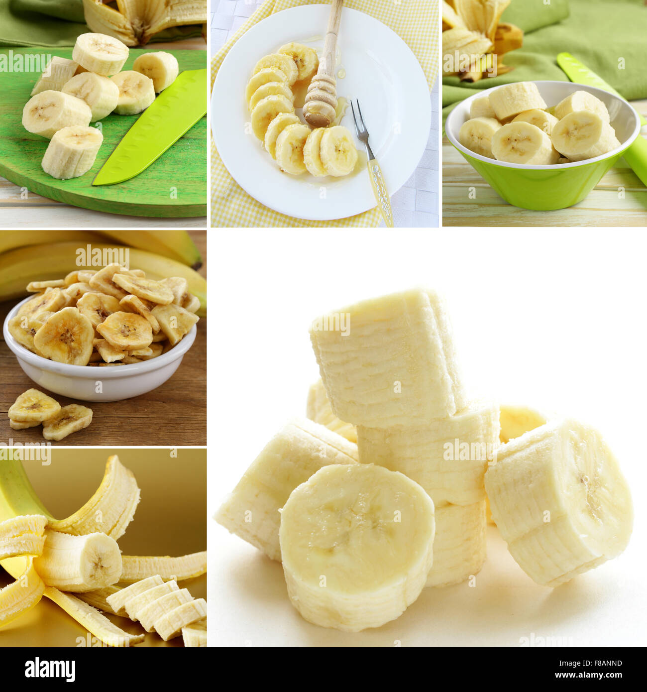collage of fresh and dried bananas on a wooden and white background ...