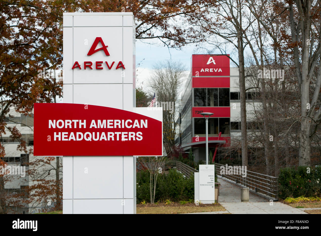 A logo sign outside of the North American headquarters of Areva in ...