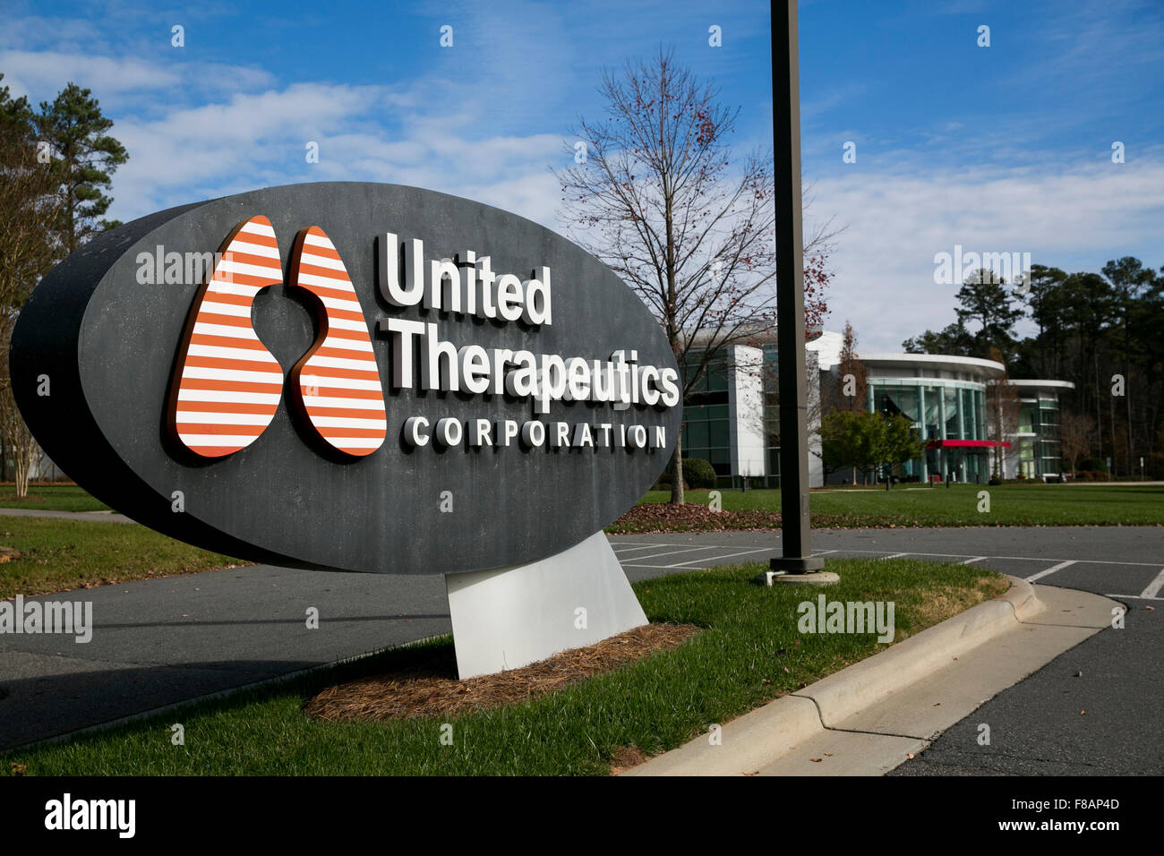 A logo sign outside of a facility occupied by United Therapeutics in ...