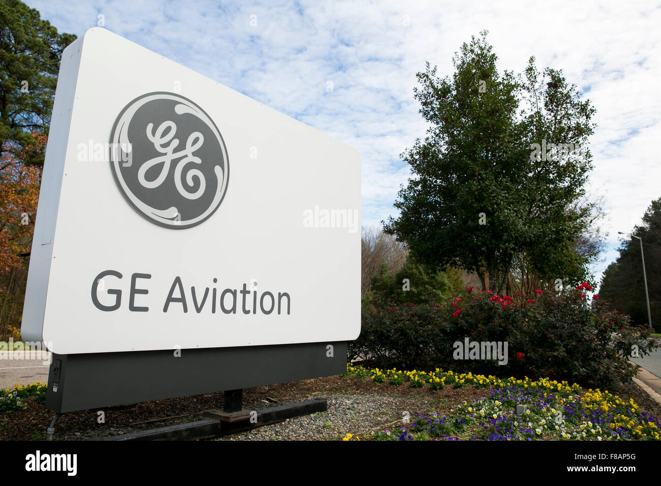 A logo sign outside of a facility occupied by GE Aviation in Durham ...