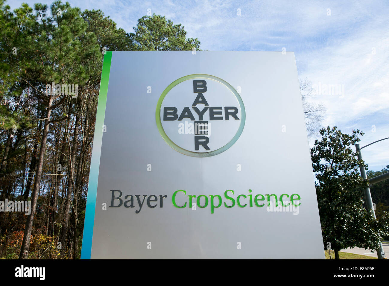 A logo sign outside of a facility occupied by Bayer CropScience in Research Triangle Park, North ...