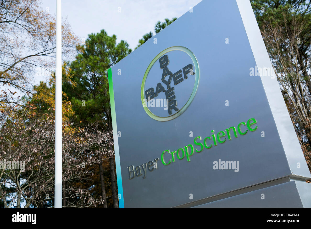 A logo sign outside of a facility occupied by Bayer CropScience in ...