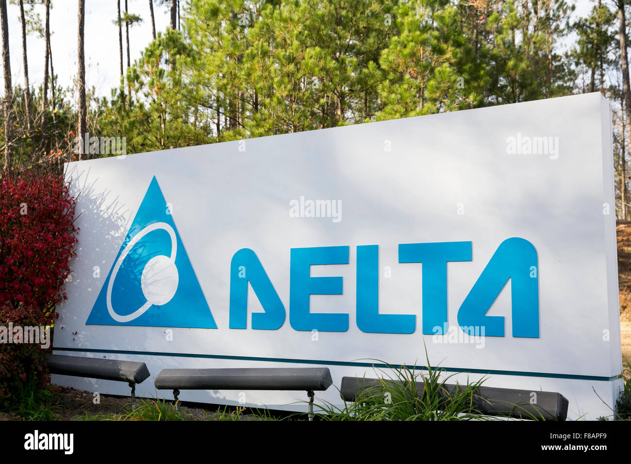 A logo sign outside of a facility occupied by the Delta Products ...