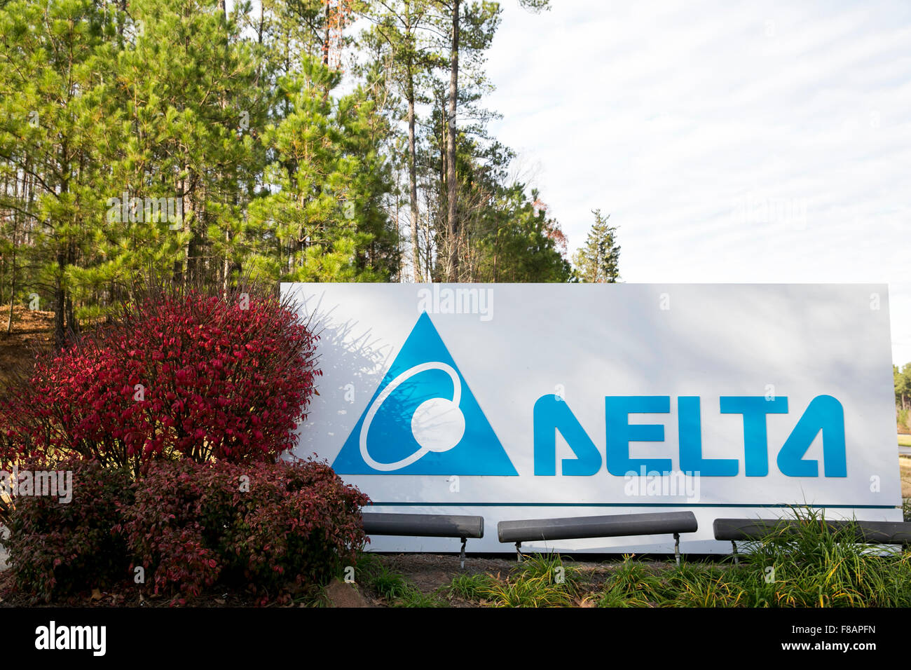 A logo sign outside of a facility occupied by the Delta Products ...