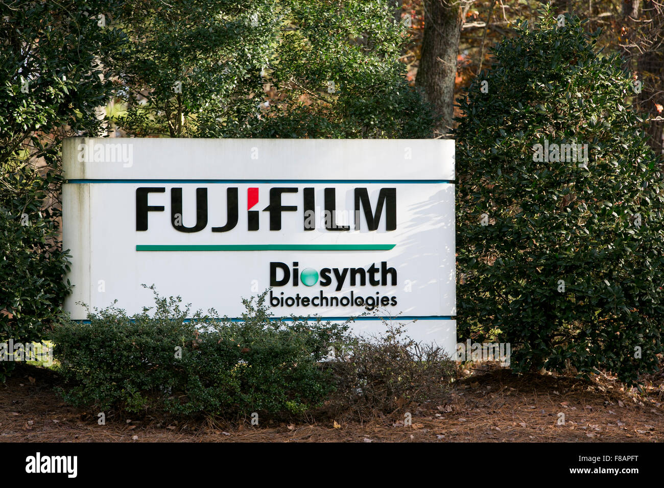 A logo sign outside of a facility occupied by FUJIFILM Diosynth ...