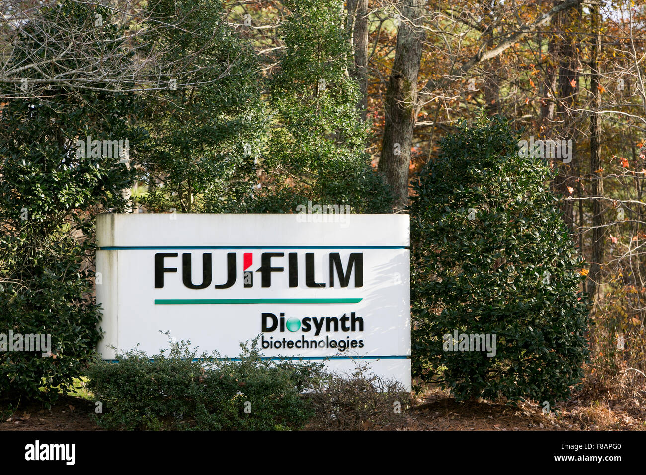 A logo sign outside of a facility occupied by FUJIFILM Diosynth ...