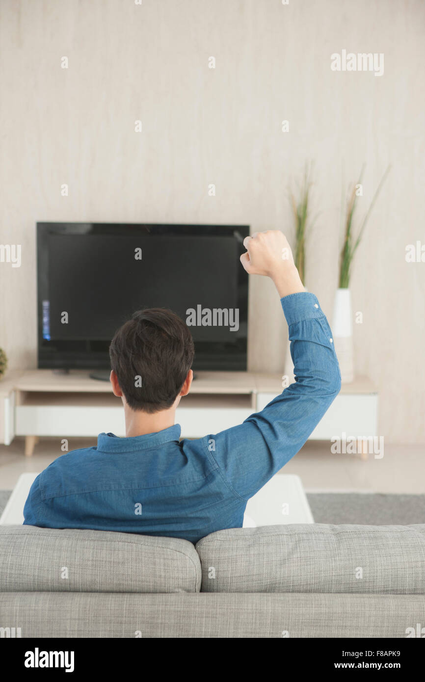 Back of young man holding a hand watching TV Stock Photo - Alamy