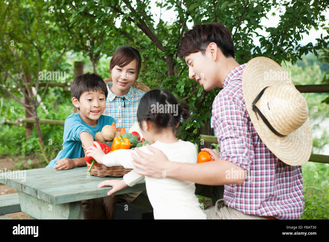 Portrait of harmonious family sitting at table with fresh vegetables in ...
