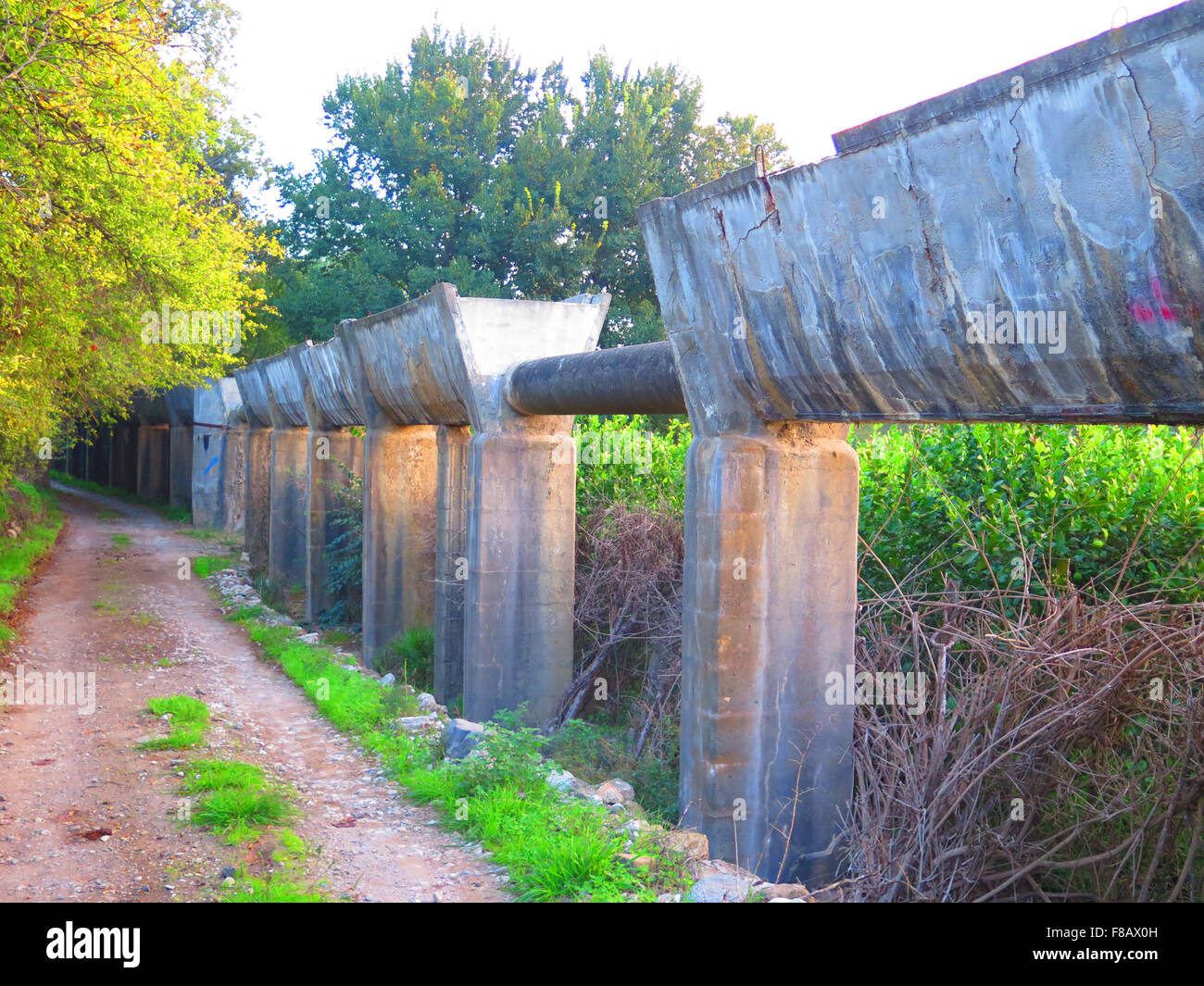 Repaired Elevated Concrete irrigation canal winding through countryside ...
