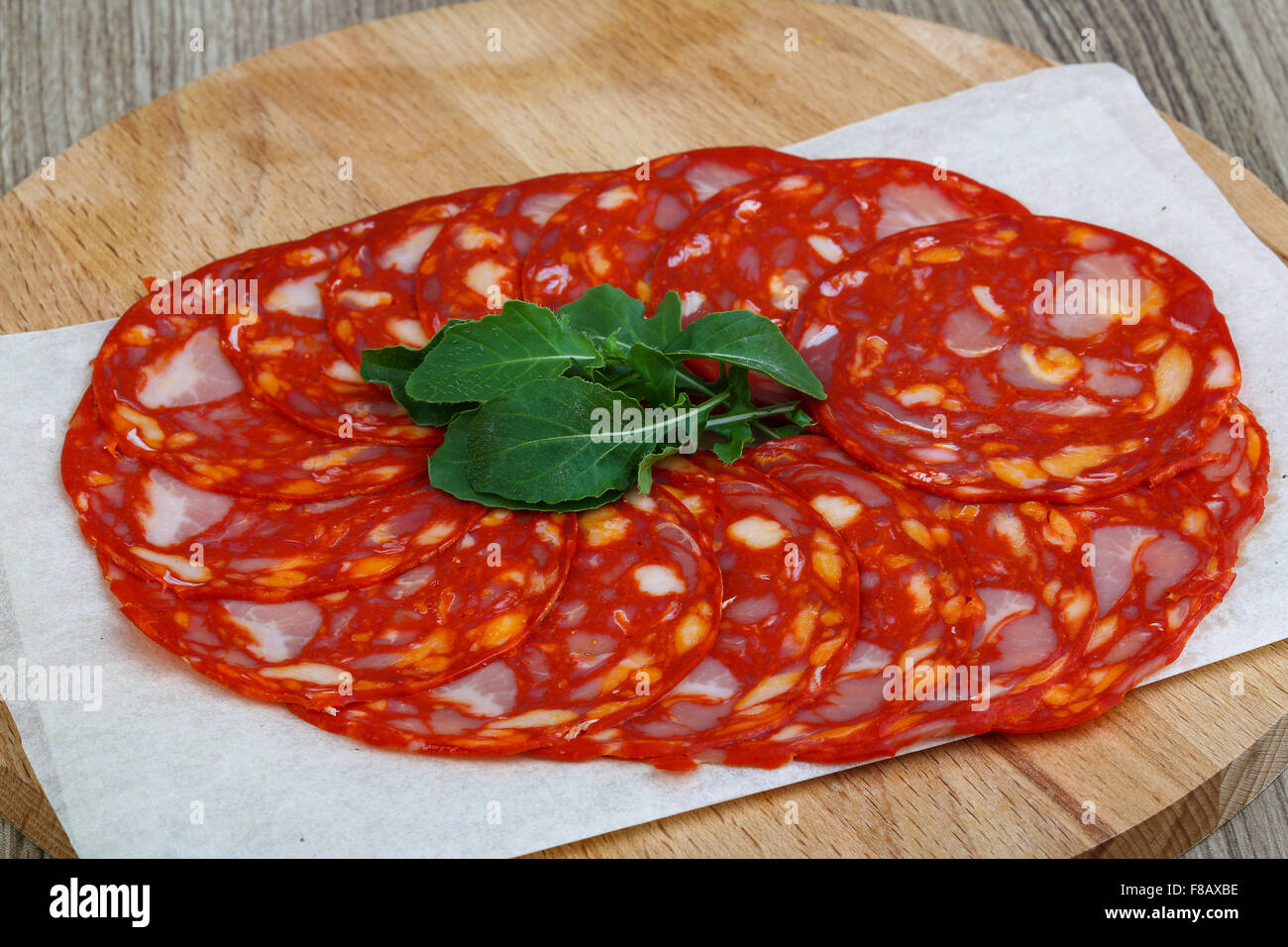 Traditional Spanish salami - Chorizo sausage on the wood background ...