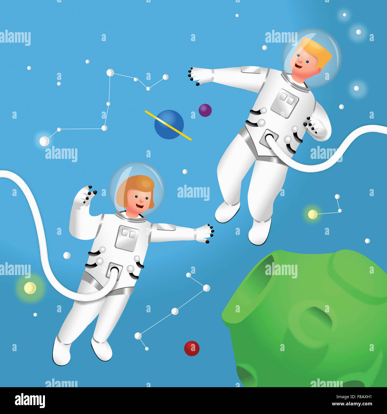 Man and woman in spacesuits exploring space with stars and planets ...