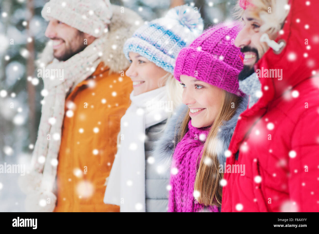 group of smiling men and women in winter forest Stock Photo - Alamy