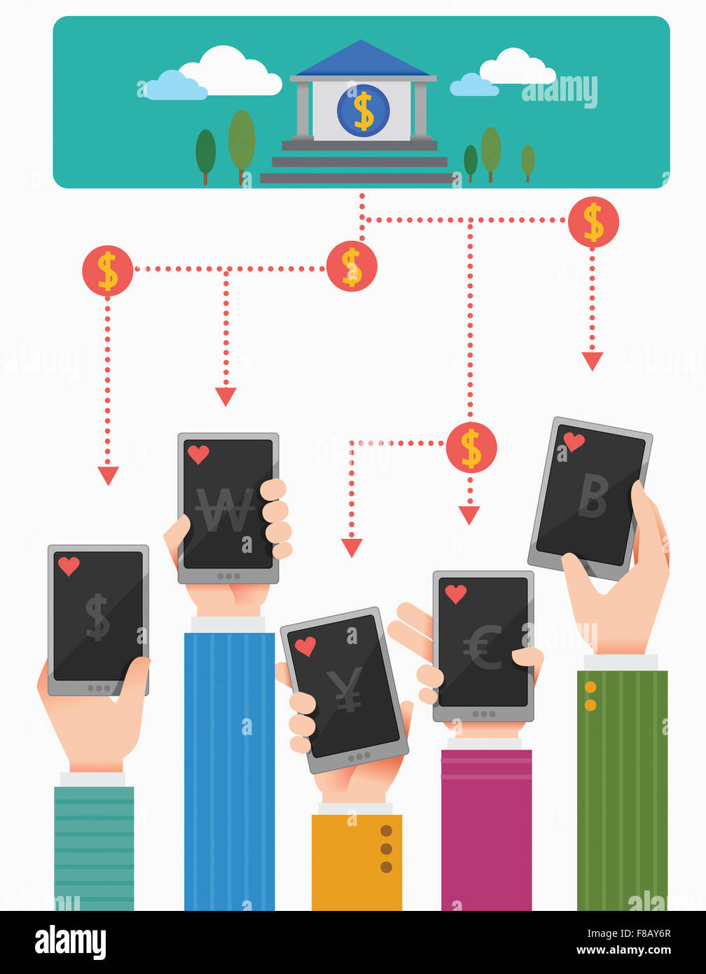 Hands holding smart phones with money signs and hearts for mobile ...