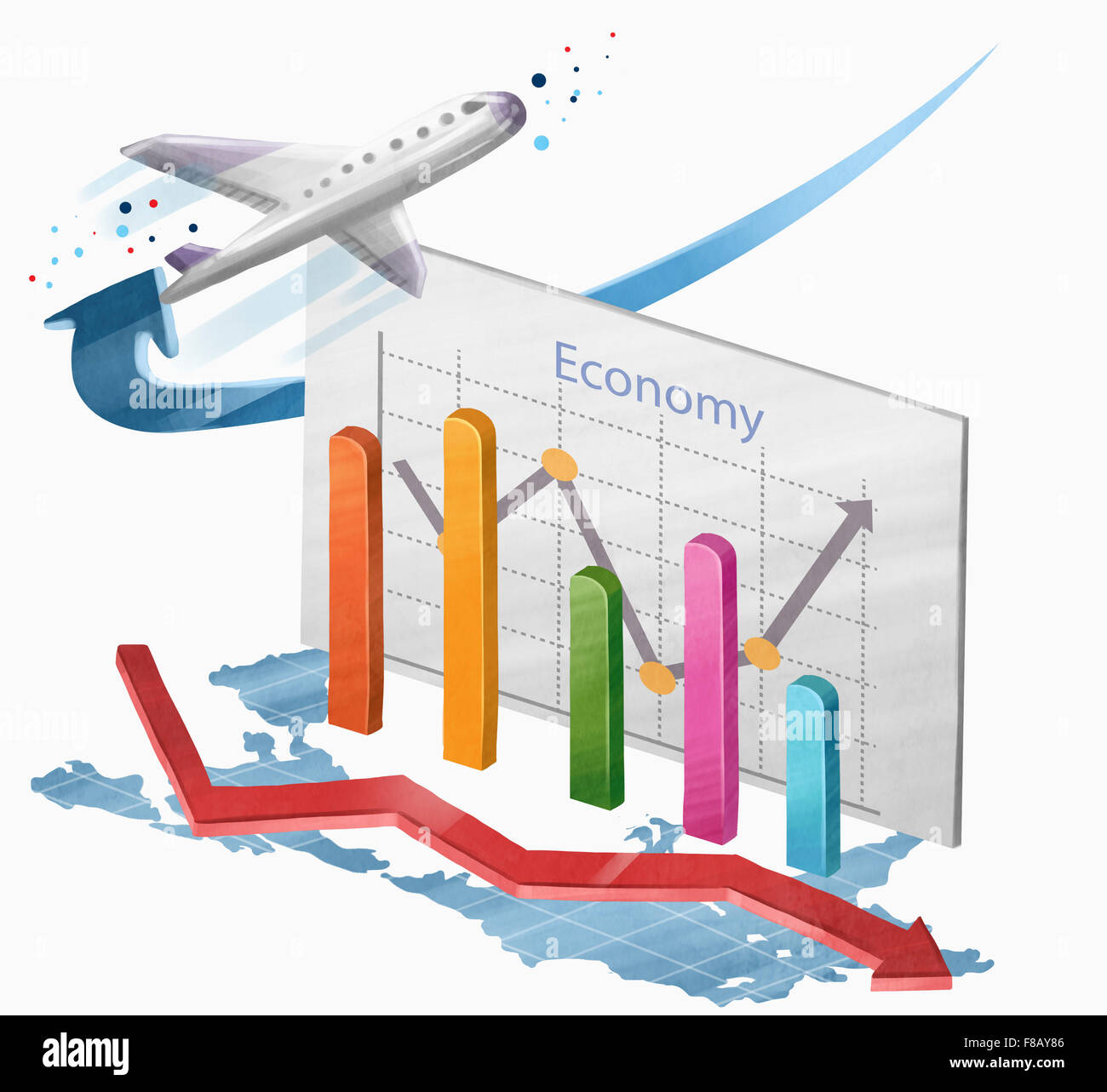 Global Business With Airplane Broken Line Graph Arrows Bar Graphs On Global Business With Airplane Broken Line Graph Arrows Bar Graphs On