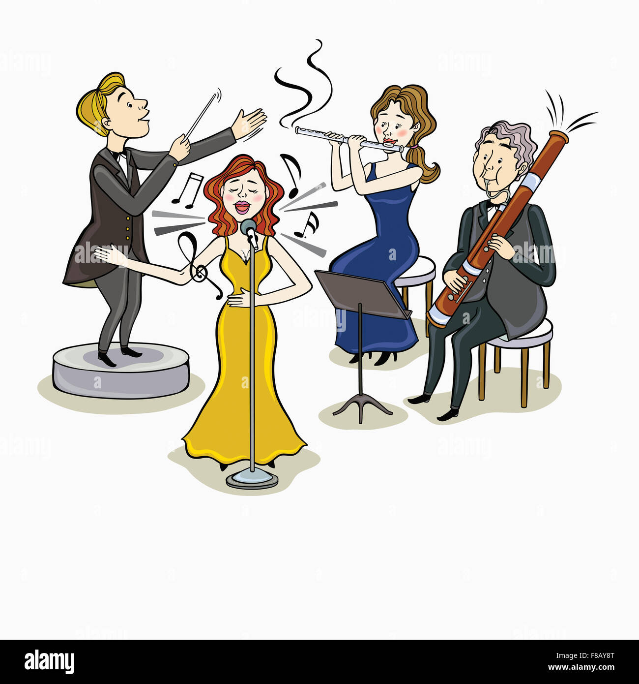 Two musicians playing flute and woodwind, a condutor and a singer Stock ...
