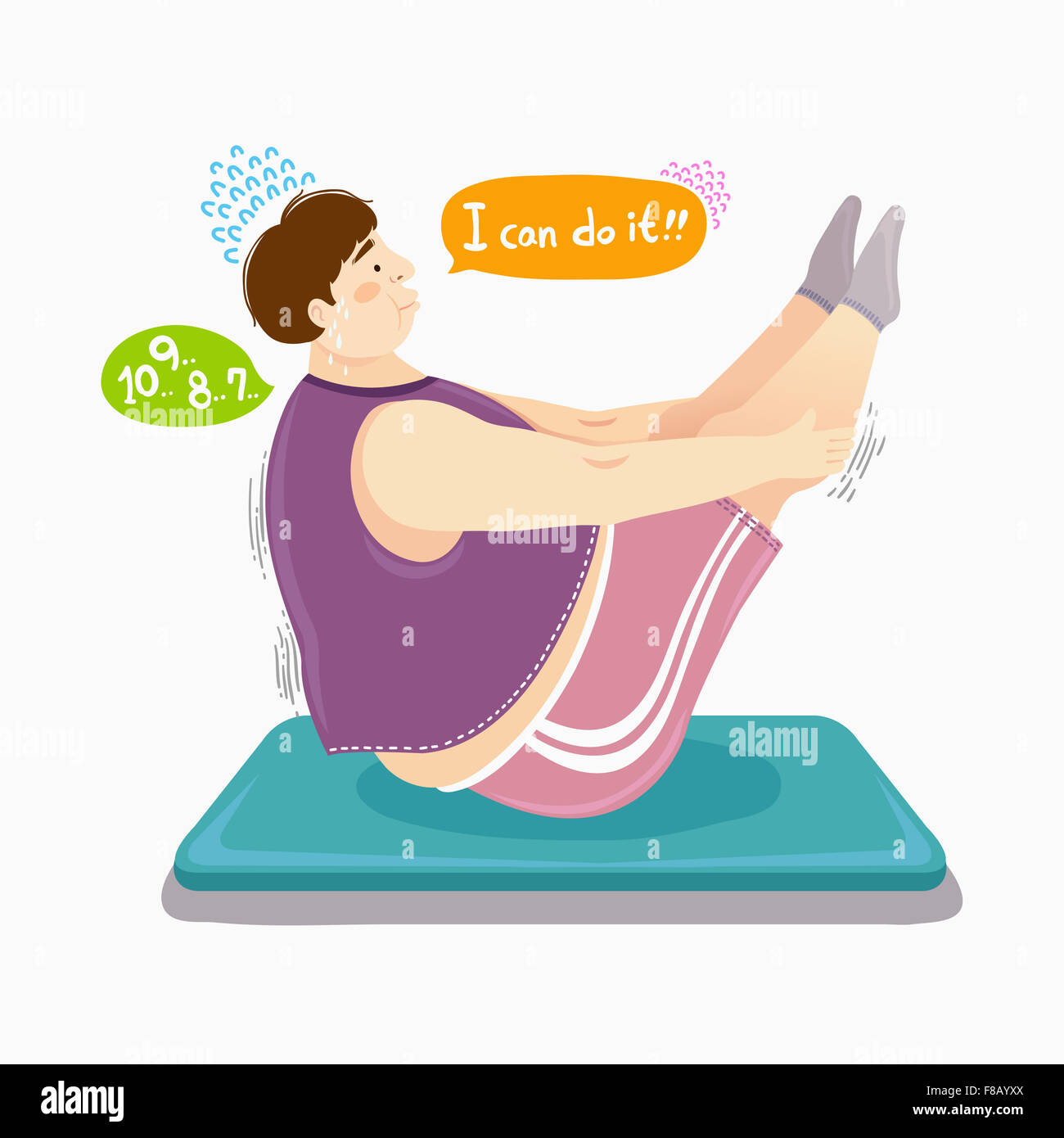Fat man doing yoga counting dwon numbers on mat for diet with the words ...