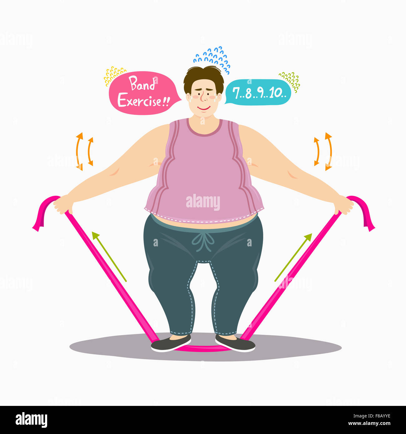 Fat man doing band exercise counting numbers with sweat Stock Photo - Alamy
