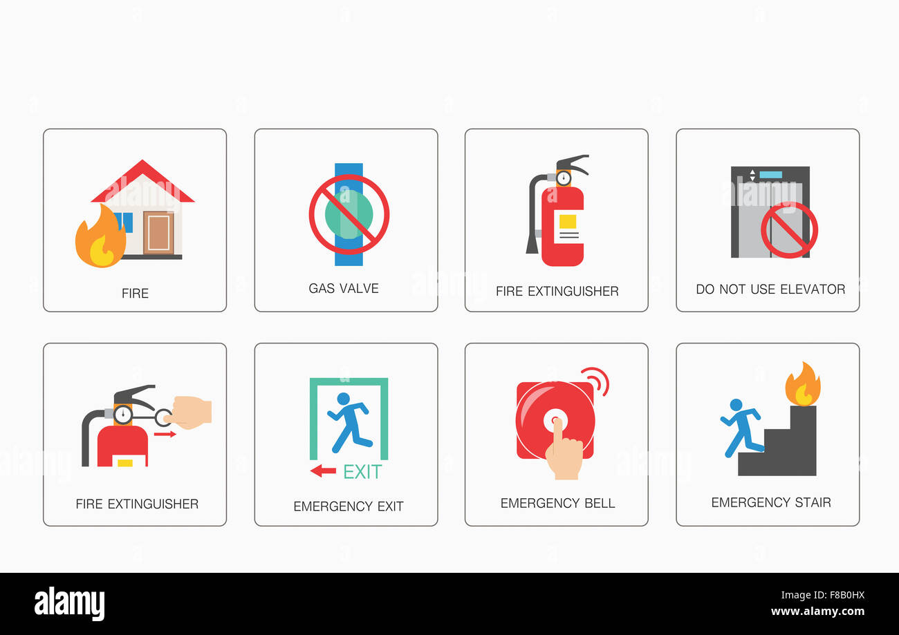 Various pictogram icons about fire accident Stock Photo - Alamy