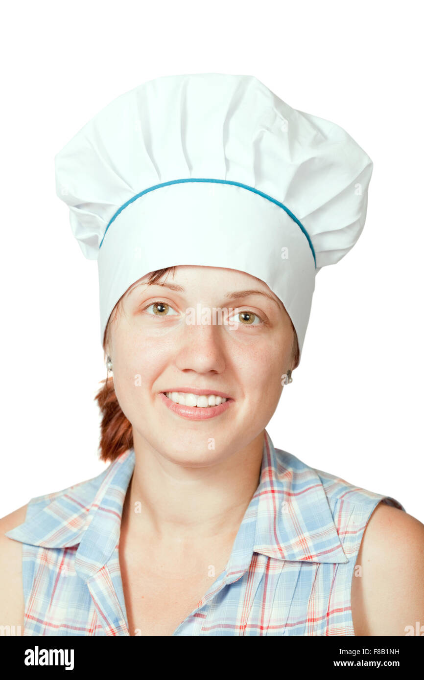 Cook woman in toque over white background Stock Photo - Alamy