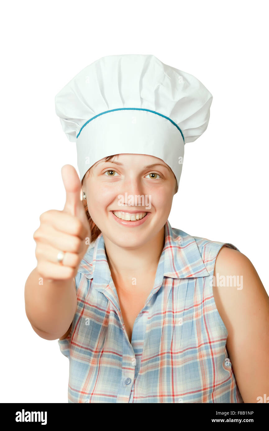 Cook woman with thumb up over white background Stock Photo - Alamy