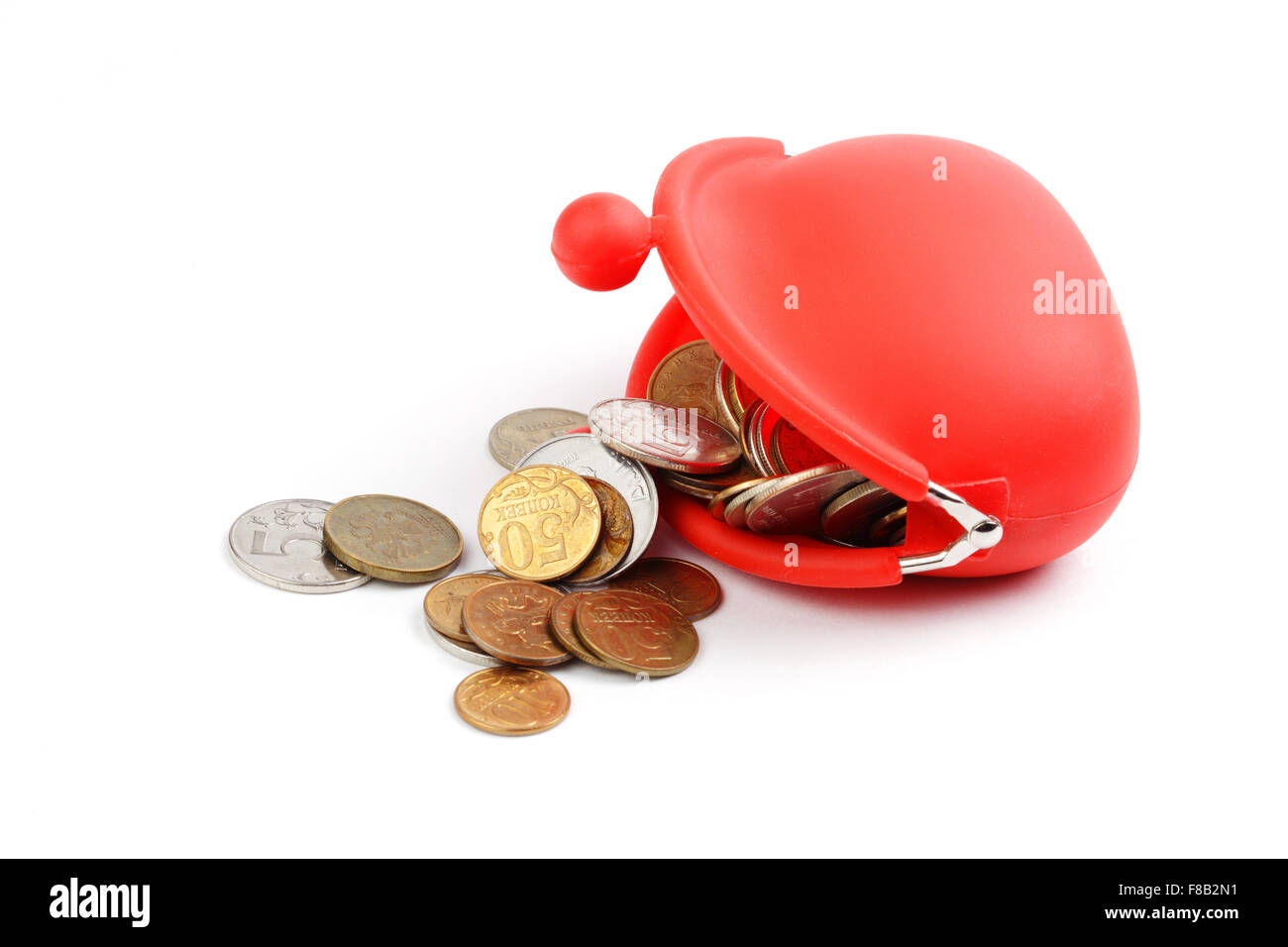 Red wallet with coins on white background Stock Photo - Alamy