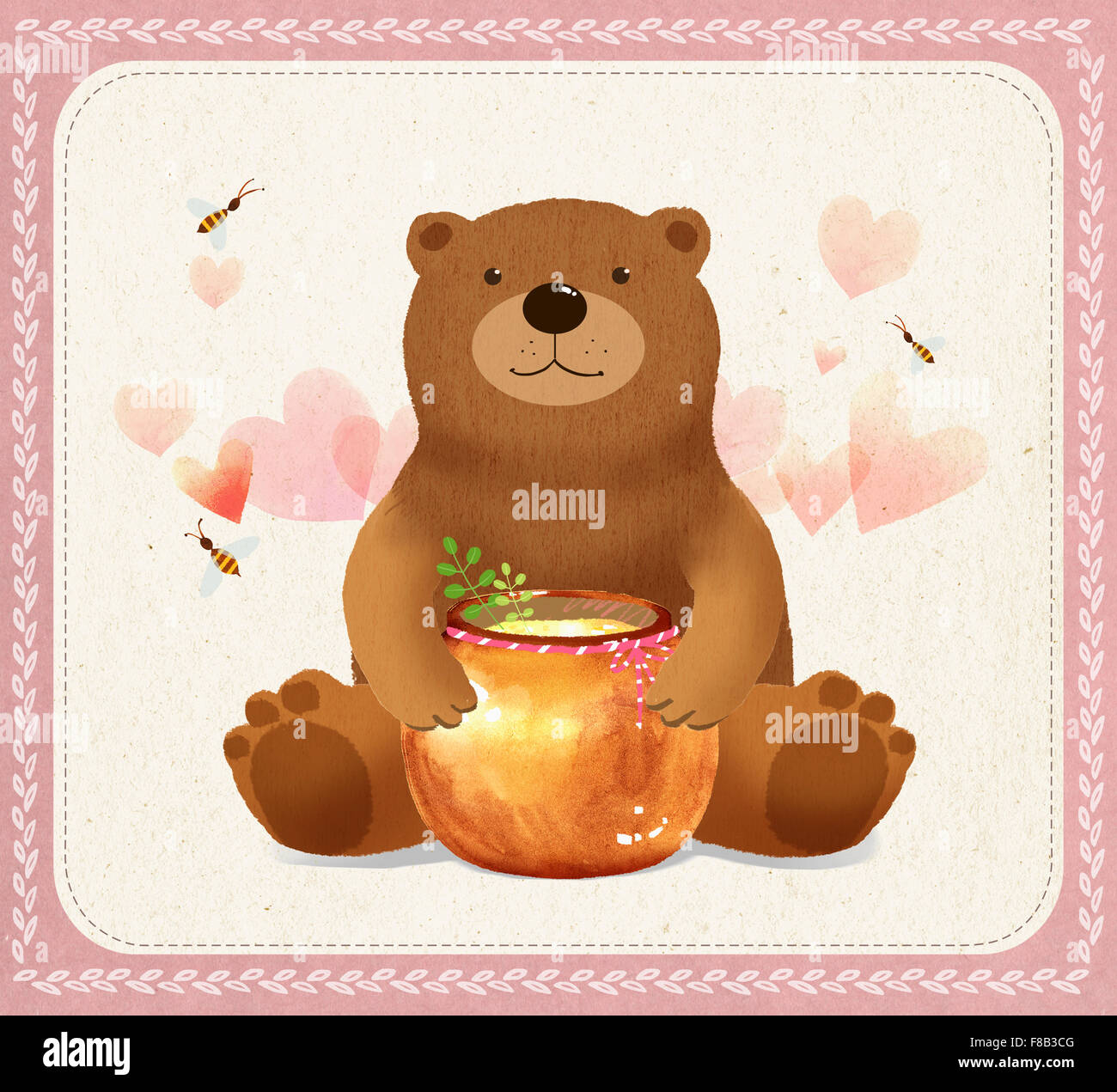Bear hugging a honey jar with bees and hearts Stock Photo - Alamy