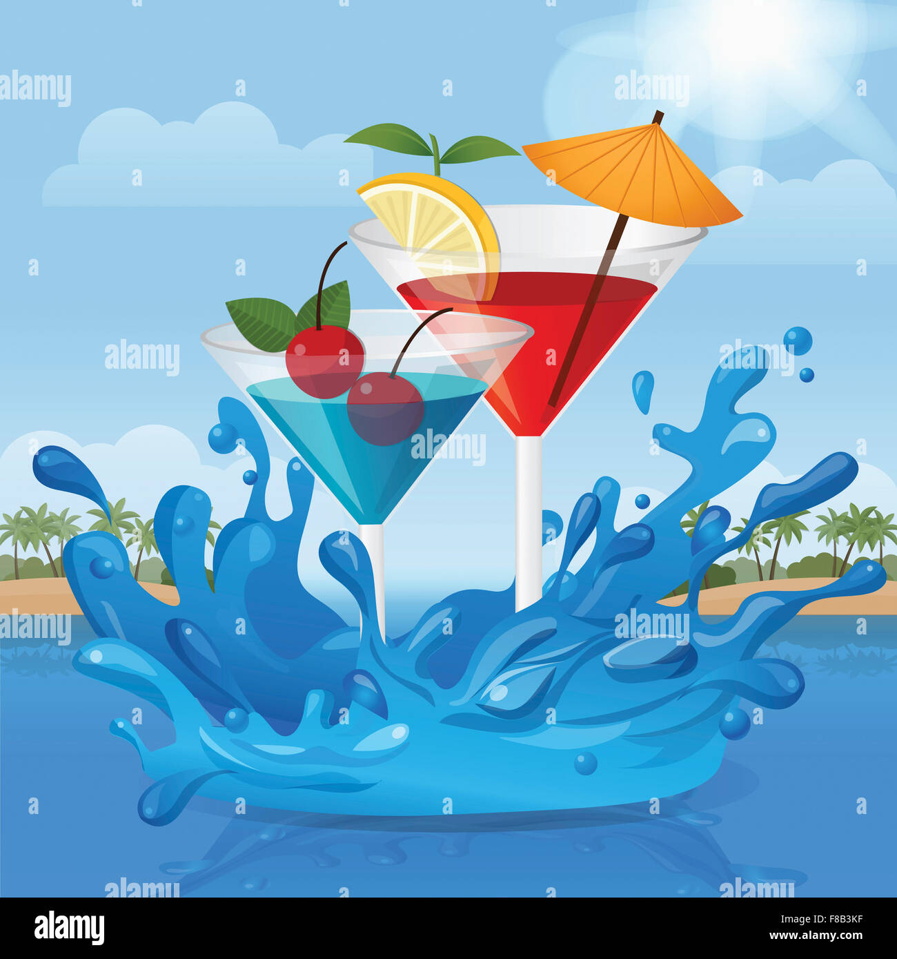 Two cocktail glasses with splash of water against palm trees on beach ...