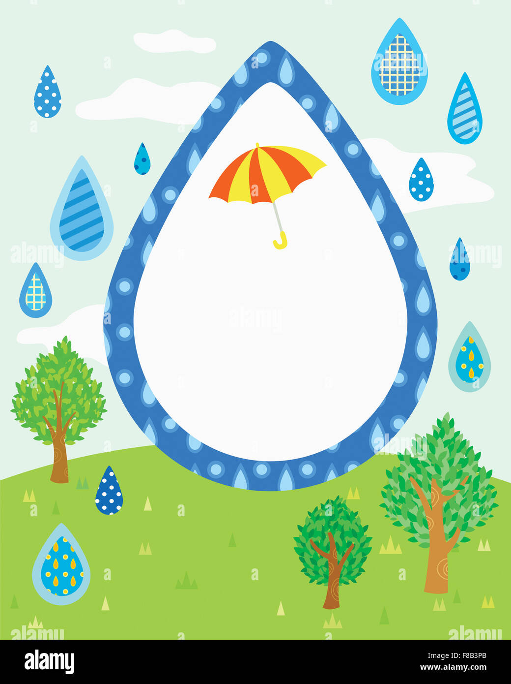 Frame with waterdrops, trees on greengrass and umbrella, watercolor ...