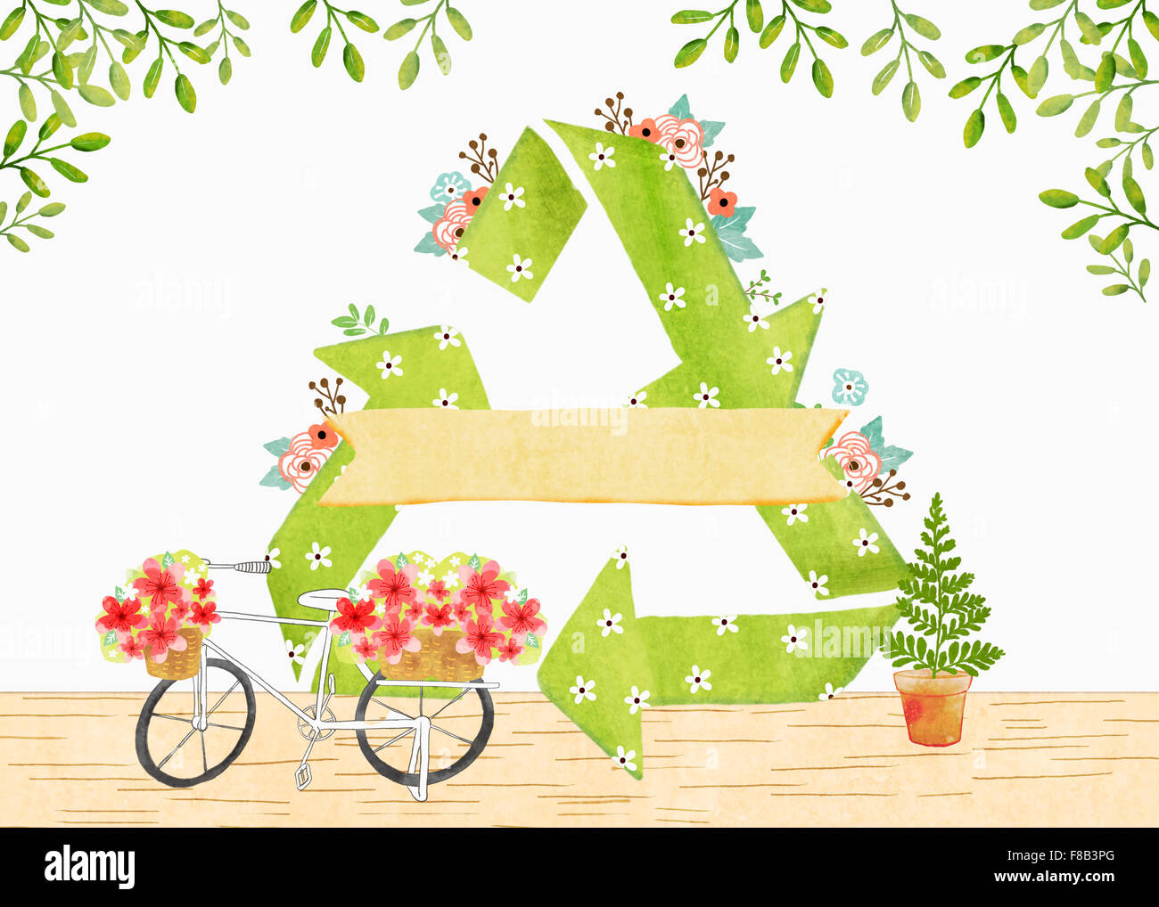 Recyle symbol with flowers, plant pot, bicycle and leaves, watercolor ...