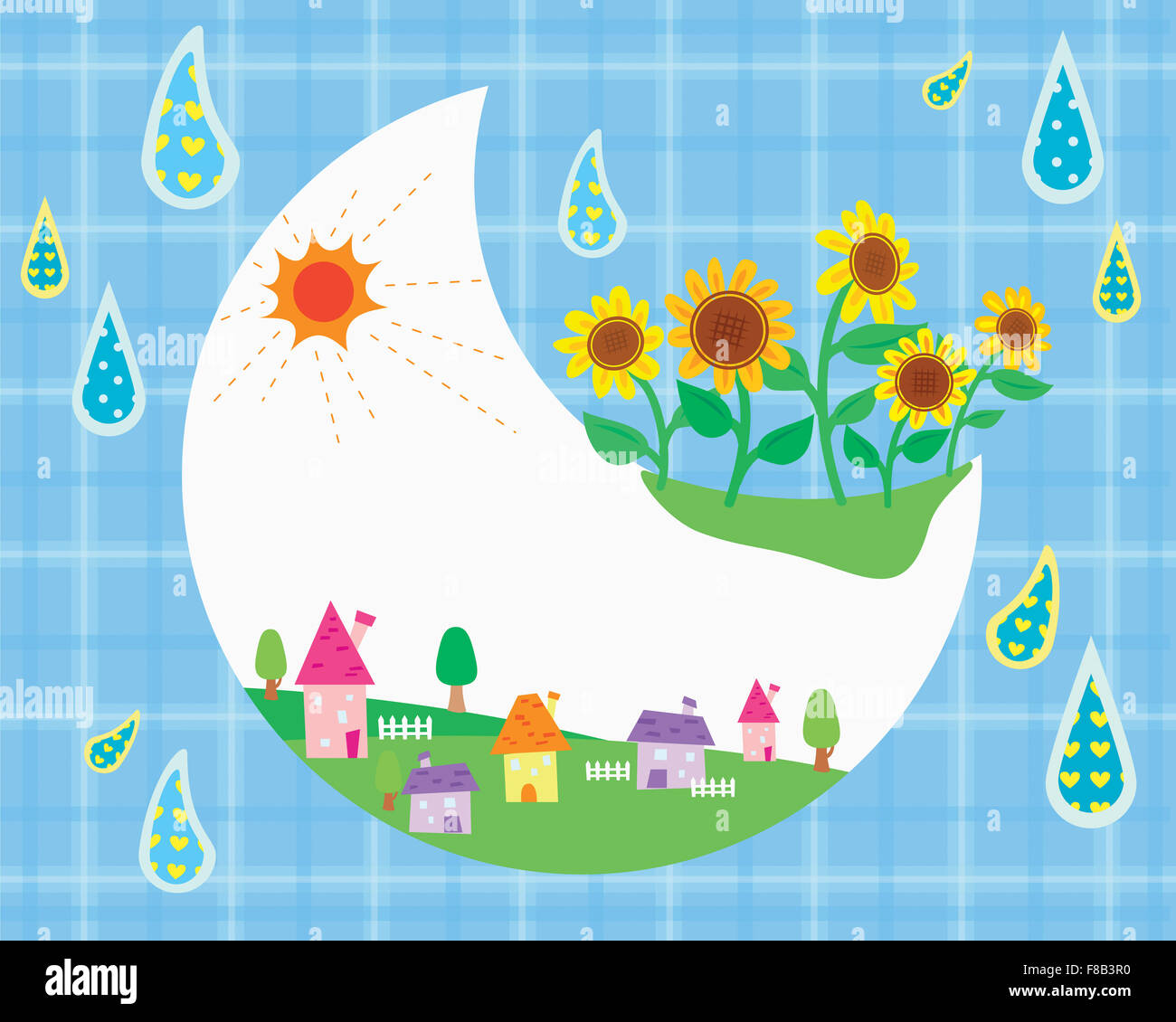 Fradme with sunflowers, waterdrops, houses, trees, sun and the moon ...