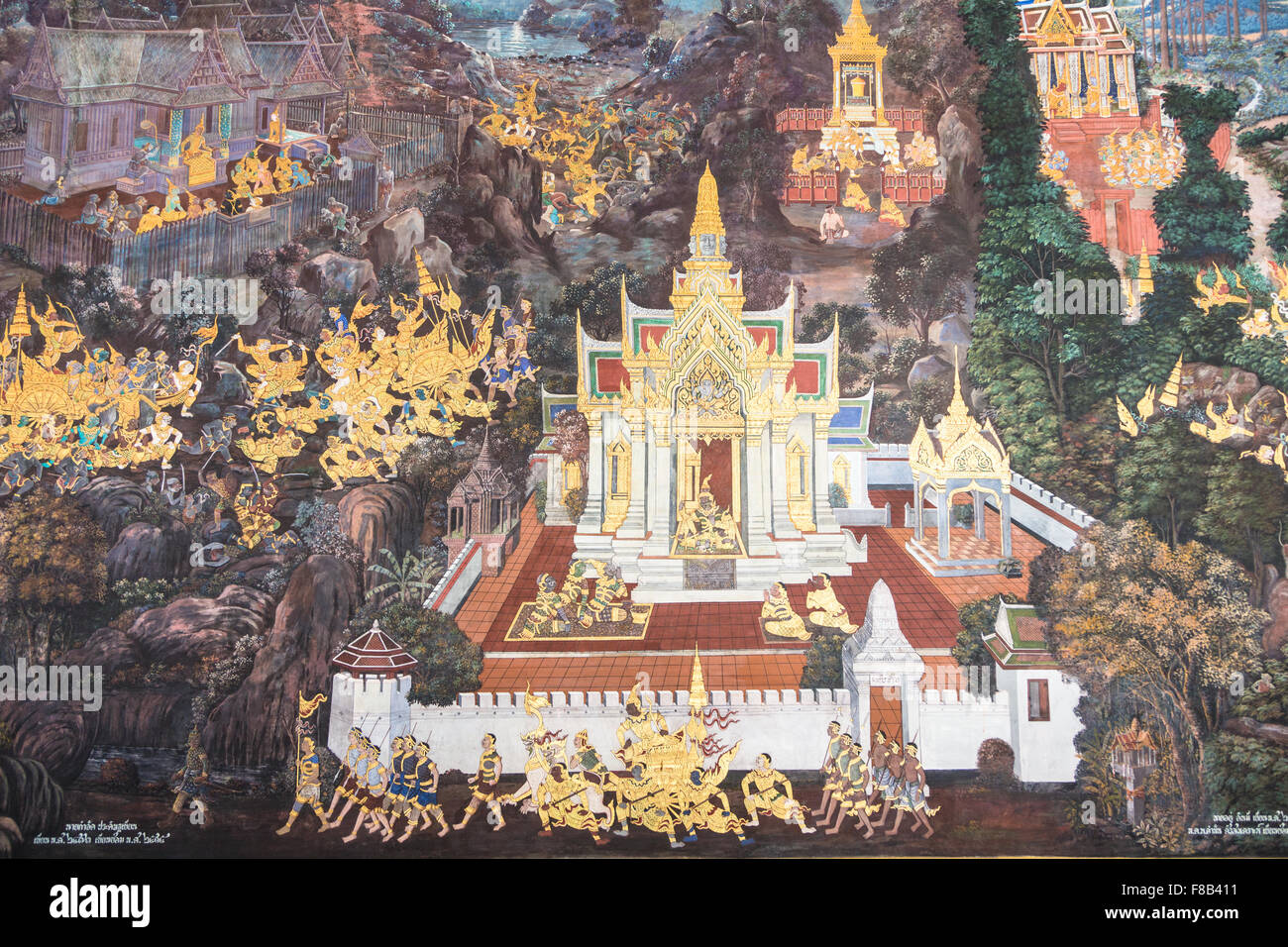 Mural paintings in Wat Phra Kaew temple in Bangkok Thailand. The temple ...