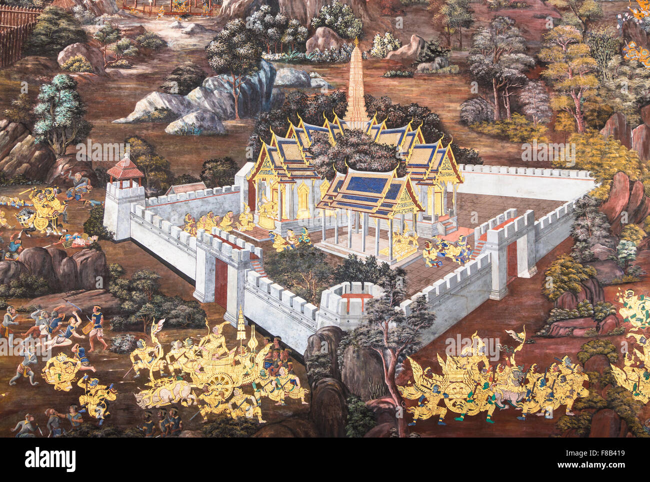 Mural paintings in Wat Phra Kaew temple in Bangkok Thailand. The temple ...