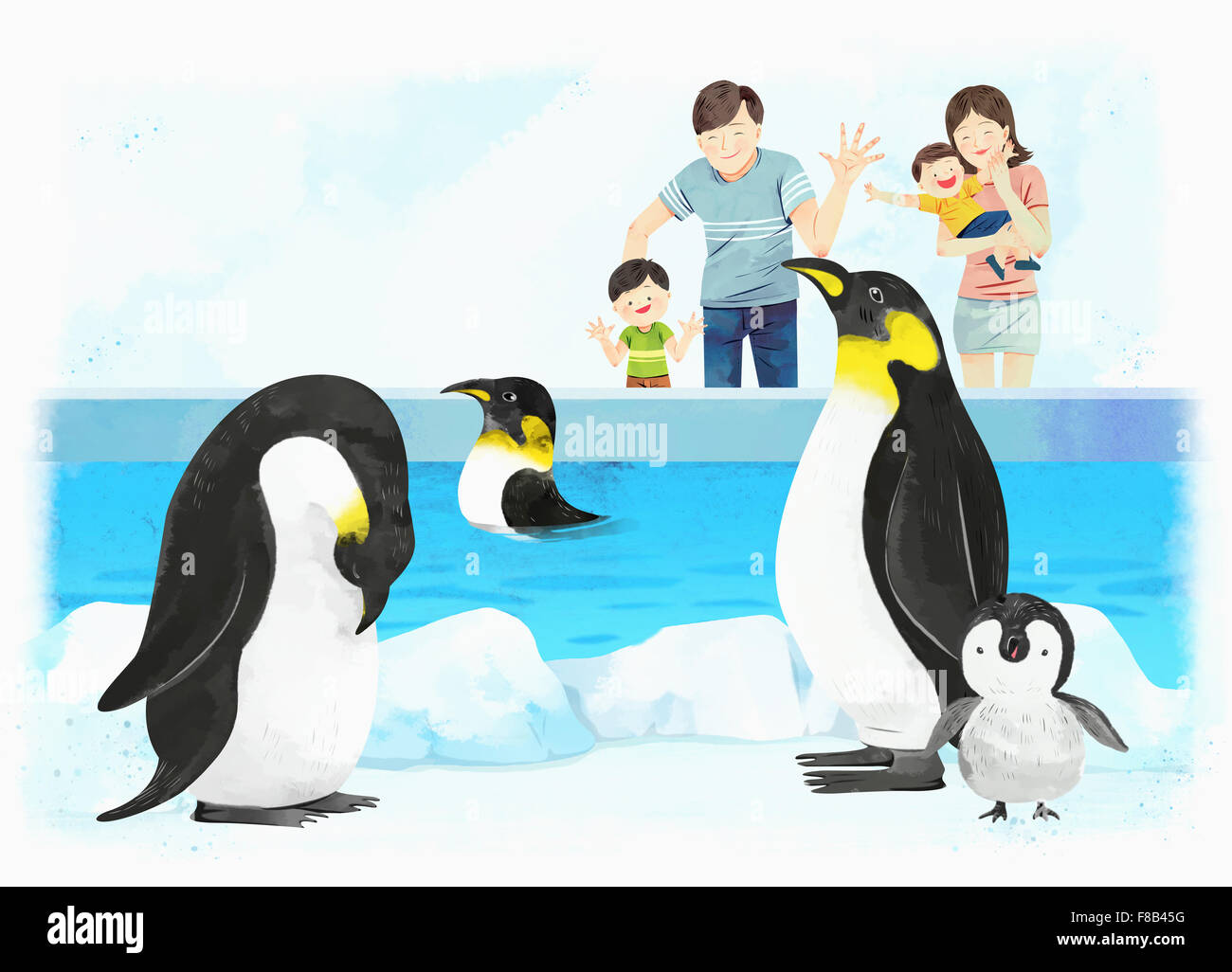 Family watching four penguins at the zoo Stock Photo - Alamy