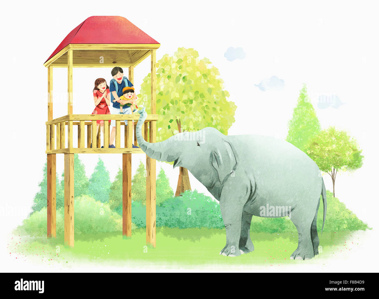 Family watching an elephant from observation platform Stock Photo - Alamy