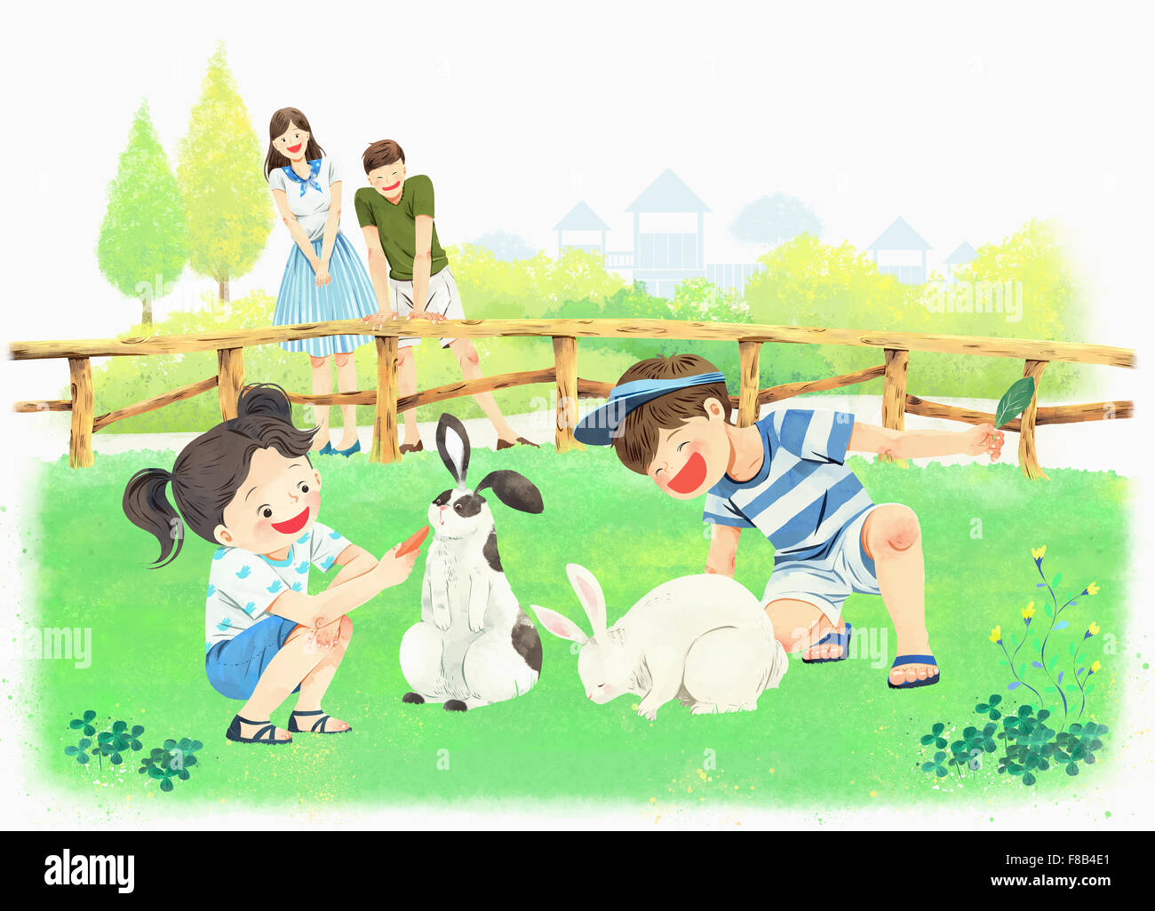Two kids playing with rabbits and their parents watching it Stock Photo ...