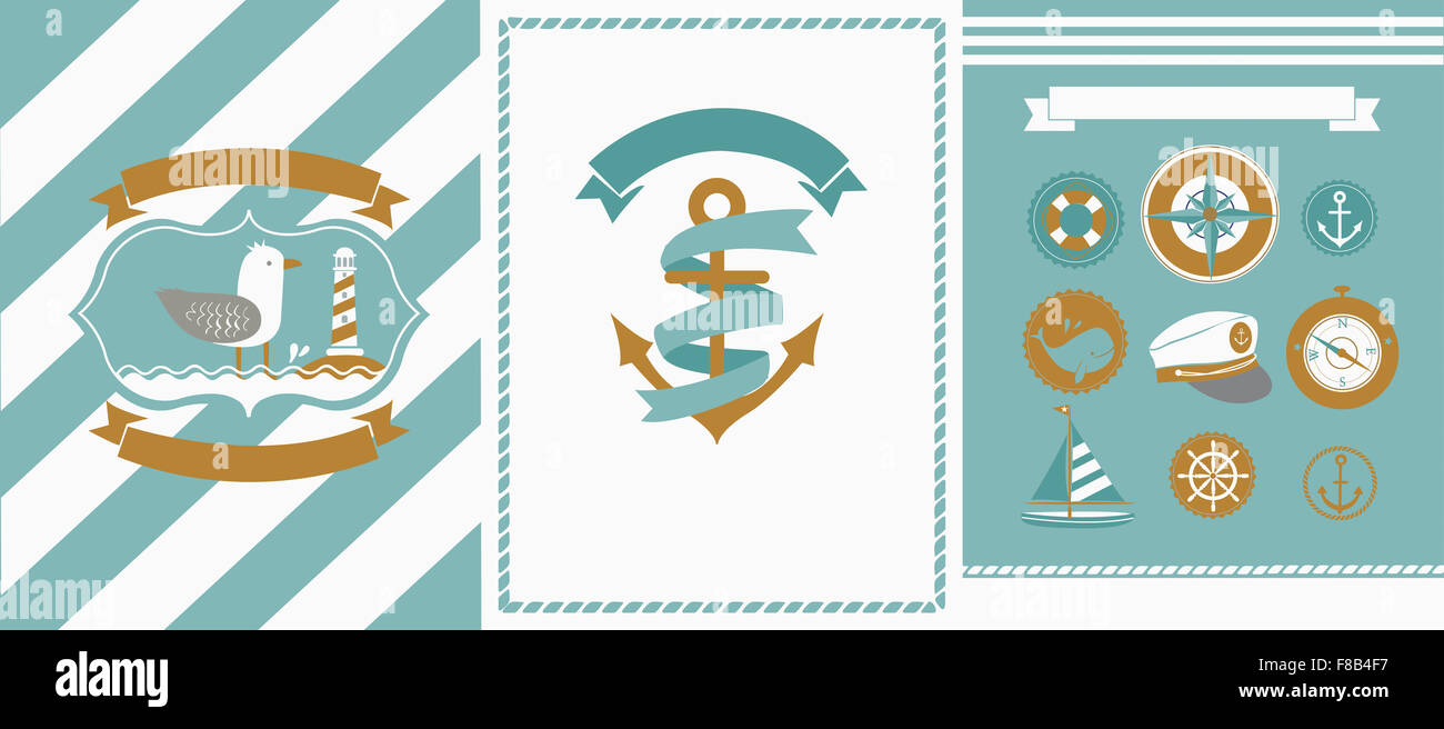 Emblems with lighthouse, seagull, anchor, tube, steering wheel, compass ...