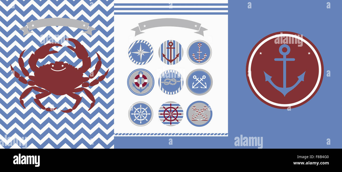 Labels with crab, emblems, anchor and ribbons Stock Photo - Alamy