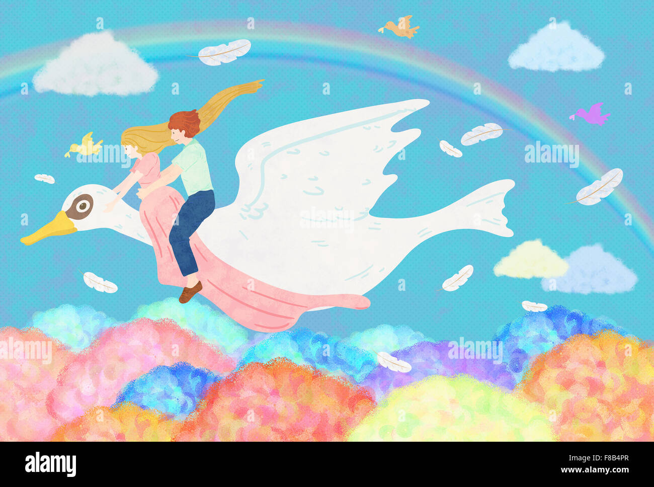 Couple flying on a bird against clouds and rainbow in sky Stock Photo ...
