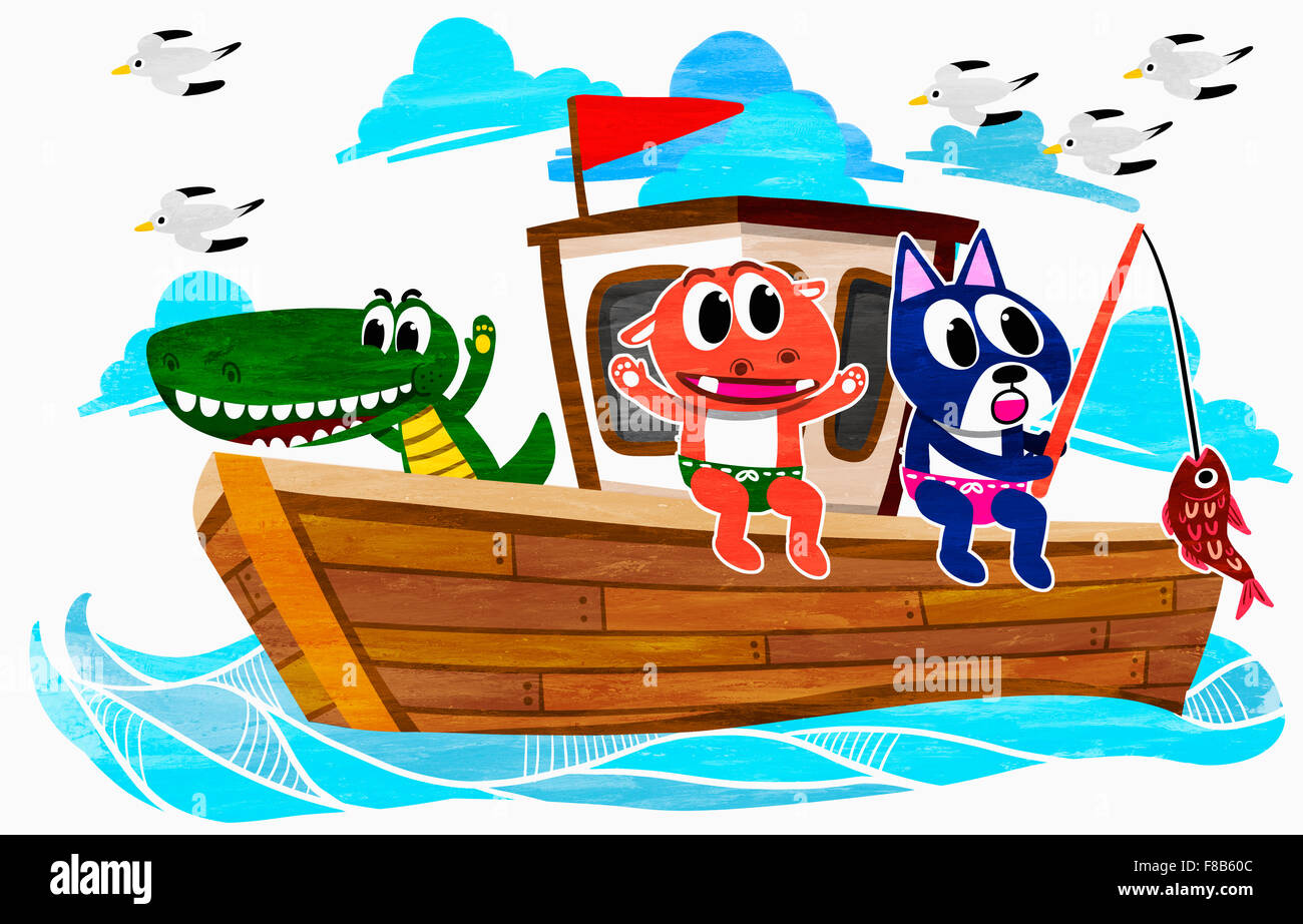 Personified animals catching fish on ship in the sea against seagulls ...