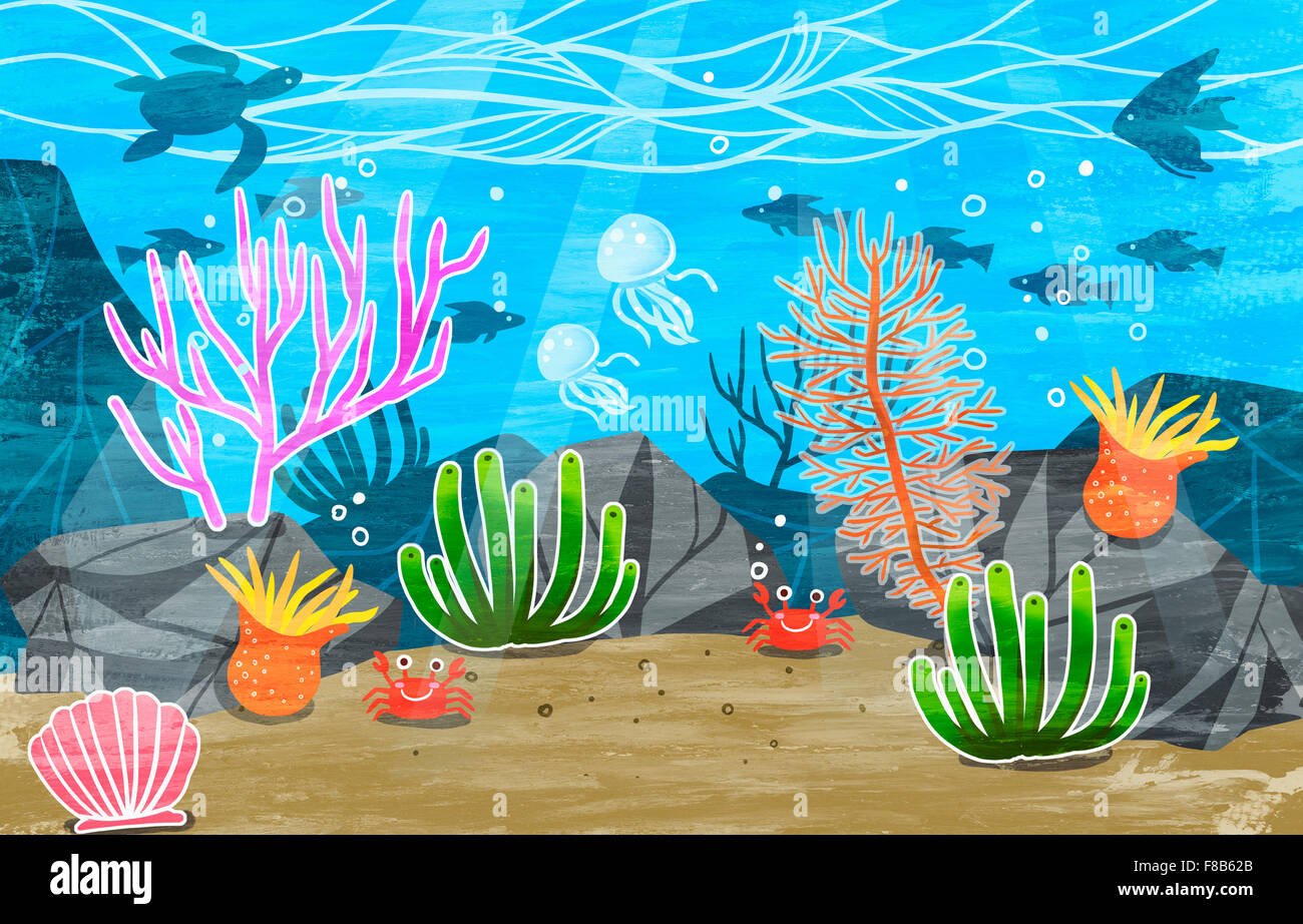 Summer sea with turtle, fish, jellyfish, seaweeds, crabs, corals and ...