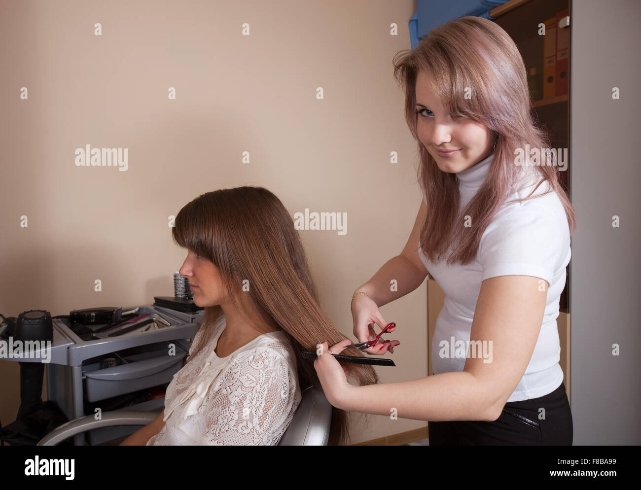 Female hair stylist working with long-haired girl Stock Photo - Alamy