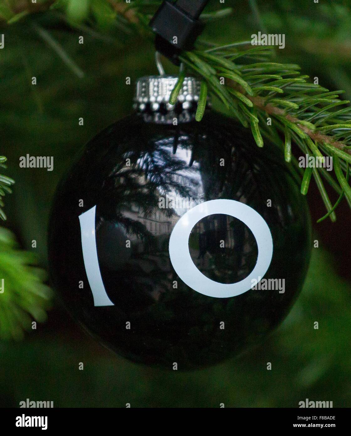 The special Number 10 bauble hanging on the Christmas tree outside ...