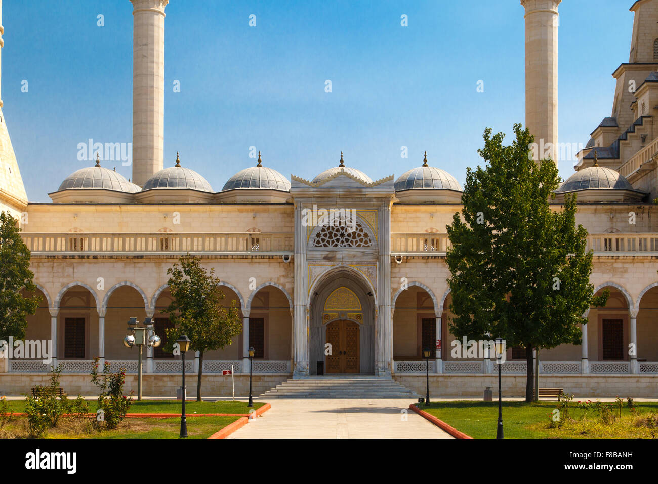 Exterior front view of Adana Sabanci Mosque, with six minarets, on ...