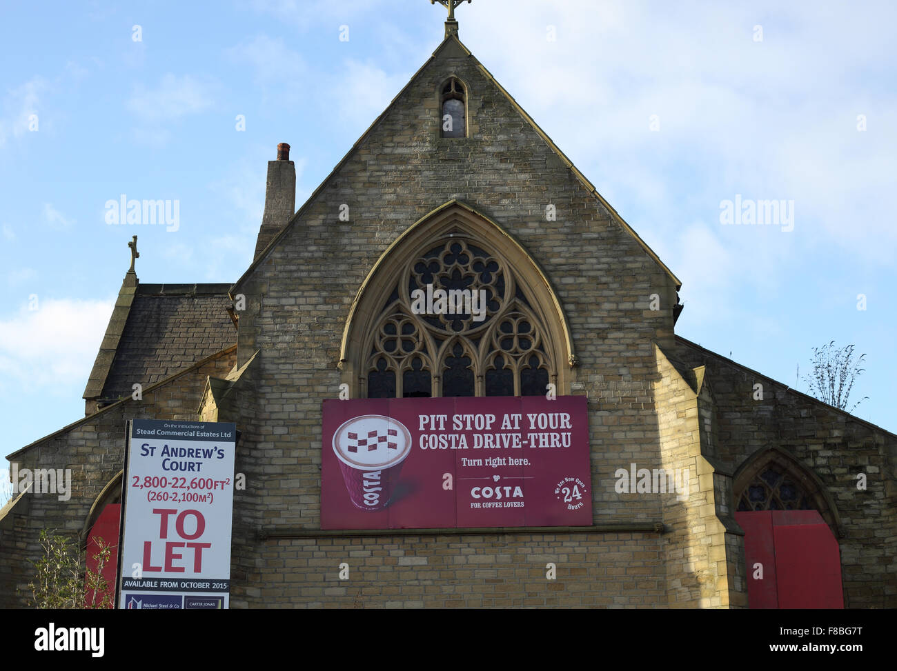 Derelict church in Huddersfield with Costa coffee sign Stock Photo - Alamy