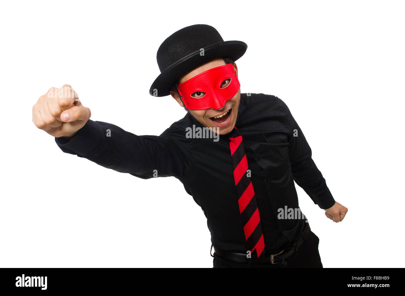 Young man with red mask isolated on white Stock Photo - Alamy